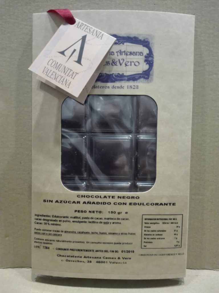 Tableta Chocolate PURO SIN AZUCÁR 85% añadido con maltitol - Chocolates ...